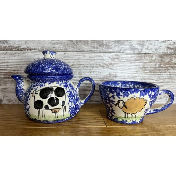 Molly Dallas | Dining | Molly Dallas Blue Spatterware Teapot And Cup ...